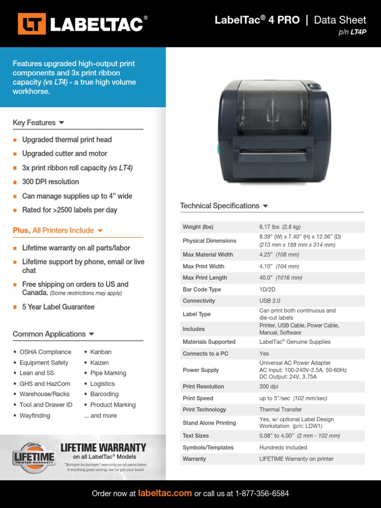 Labeltac 4 Pro - Data Sheet: Lifetime Warranty | PDF | Printer ...