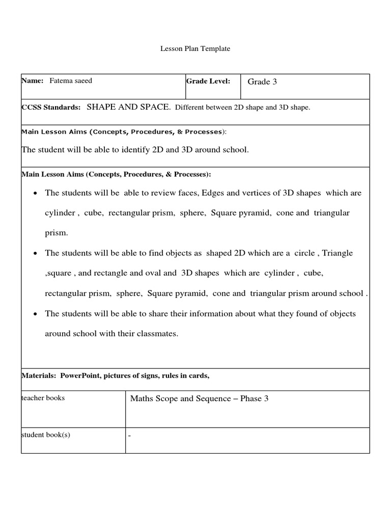 Lesson Plan 3d Shapes 1 | PDF | Shape | Sphere