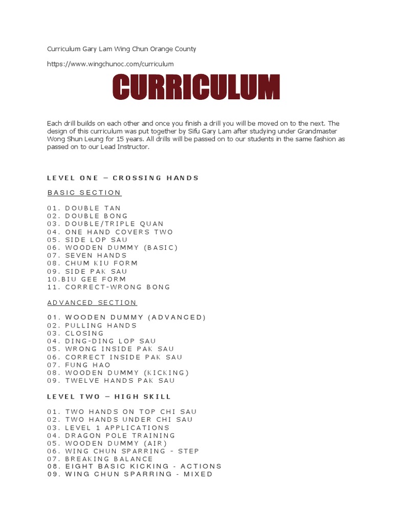 Curriculum Gary Lam Wing Chun Orange County | PDF
