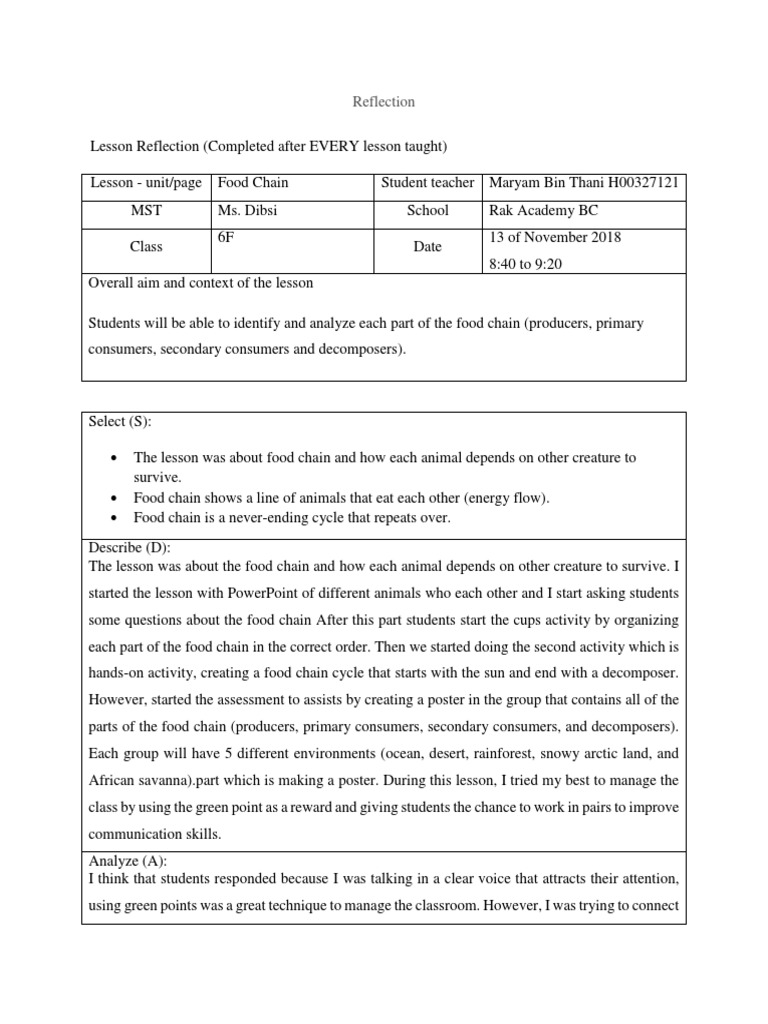 Lesson Reflection Food Chain | Download Free PDF | Classroom ...