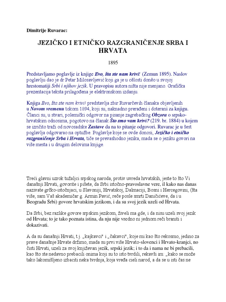 Dimitrije Ruvarac Jezičko I Etničko Razgraničenje Srba I Hrvata | PDF