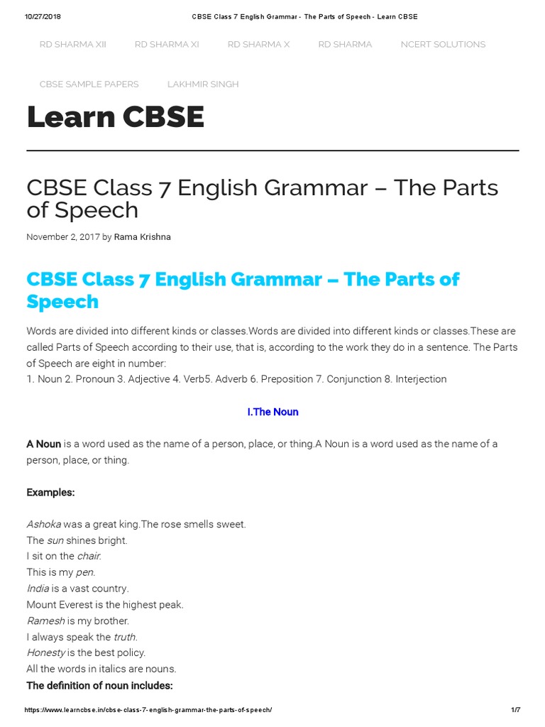 CBSE Class 7 English Grammar - The Parts of Speech - Learn CBSE | PDF ...
