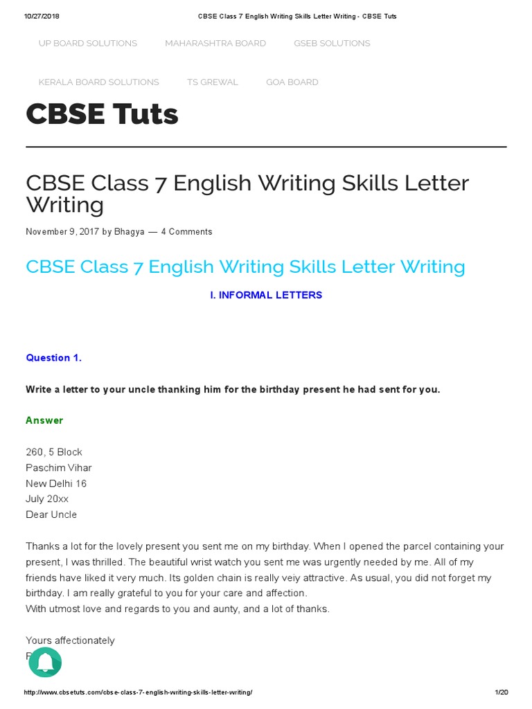 CBSE Class 7 English Writing Skills Letter Writing - CBSE Tuts | PDF ...