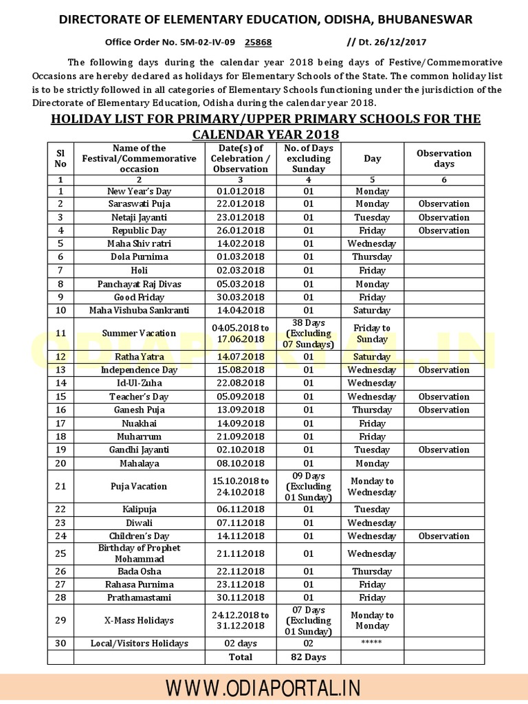 Elementary Primary School Holidays List 2018 OdiaPortal - in | PDF ...