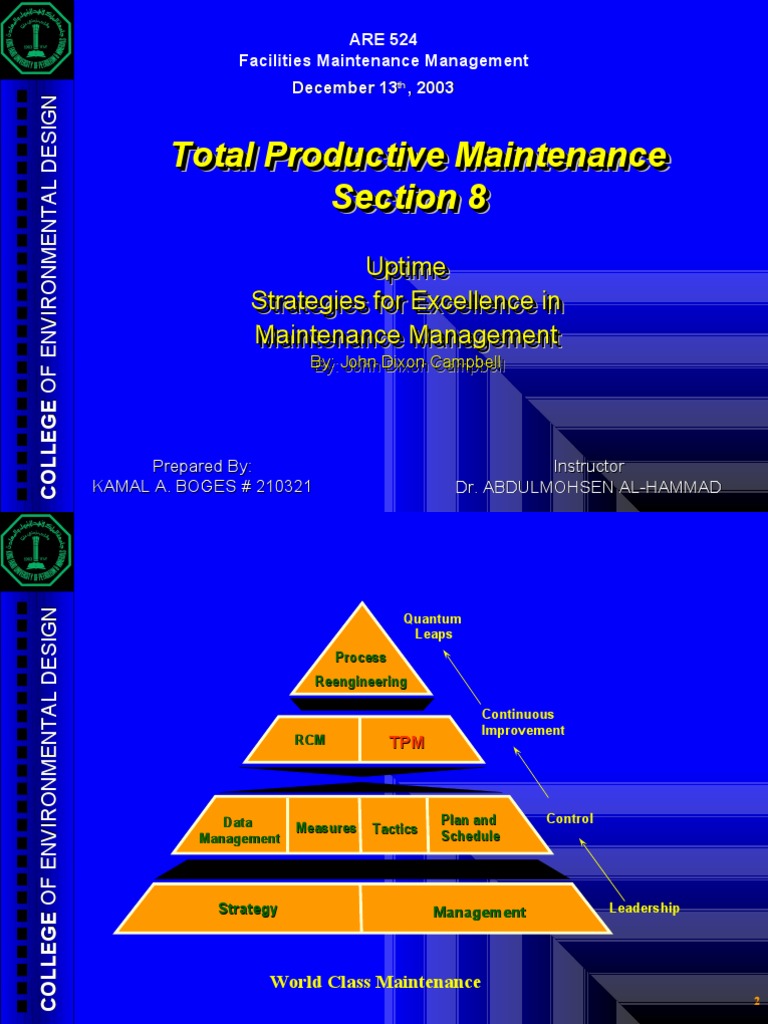Uptime 8 - Total Productive Maintenance | PDF | Reliability Engineering ...
