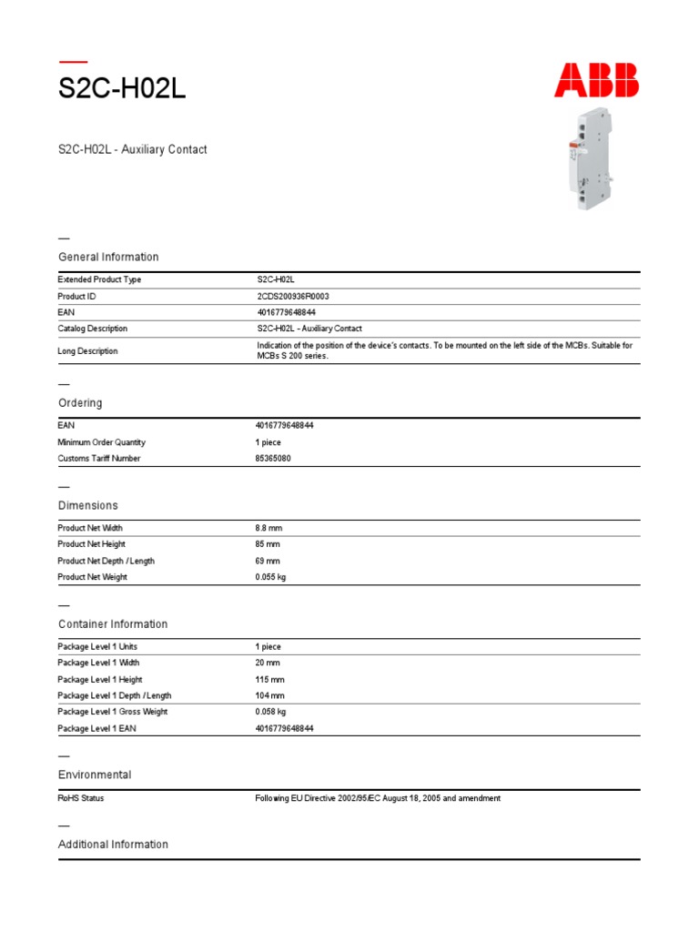 2CDS200936R0003 s2c h02l Auxiliary Contact | PDF | Electrical Engineering | Manufactured Goods