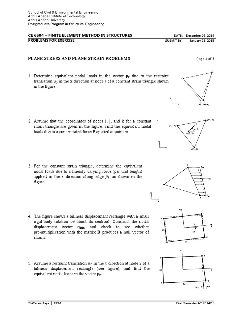 Ce 6504 - Finite Element Method in Structures: Problems For Exercise ...