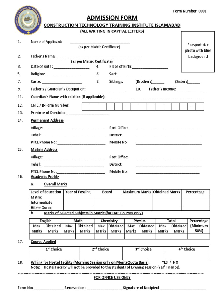 Admission Form: Construction Technology Training Institute Islamabad ...