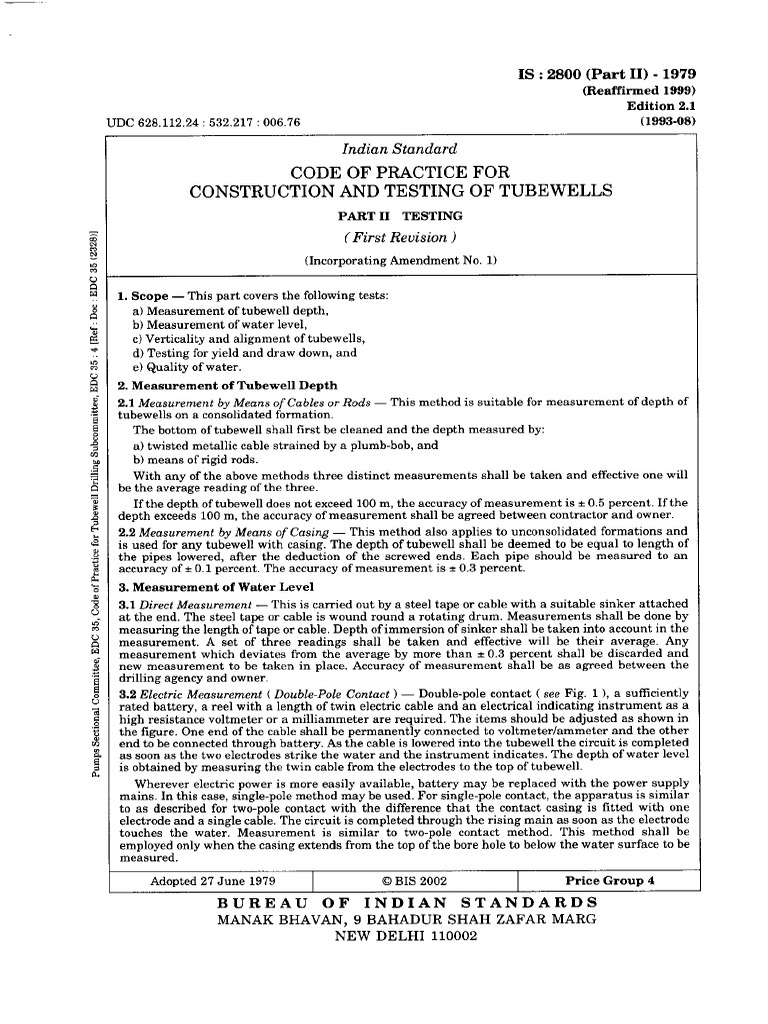 Is 2800 Part2 - 1979 Construction & Testing of Tubewell | PDF