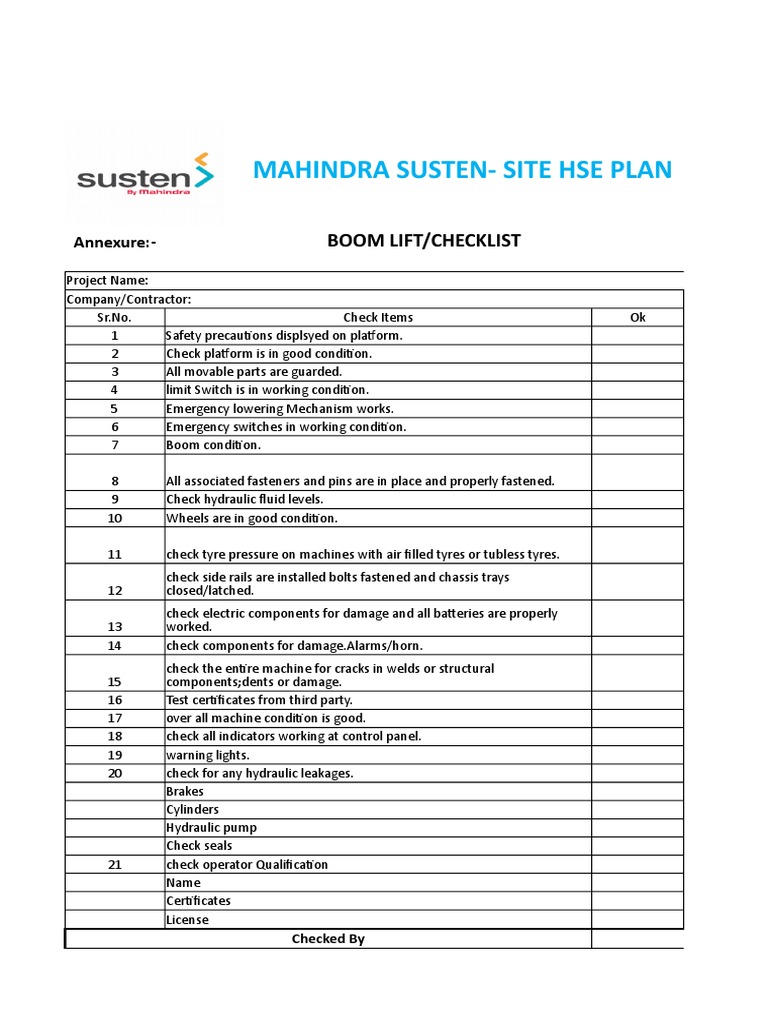 Mahindra Susten-Site Hse Plan: Boom Lift/Checklist | PDF