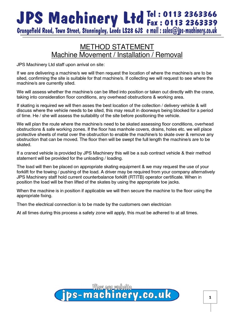 Method Statement Machine Movement / Installation / Removal | PDF | Crane (Machine) | Electrician