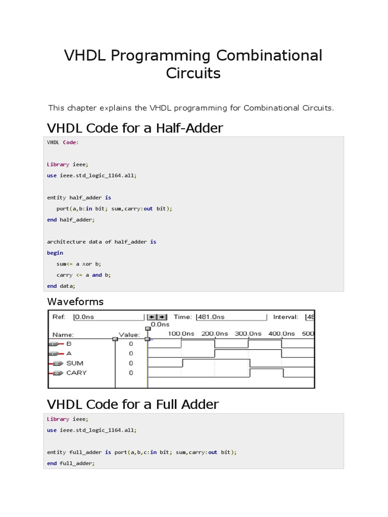 Vhdl Programming Combinational Circuits Vhdl Code For A Half Adder Pdf Software Engineering 3032