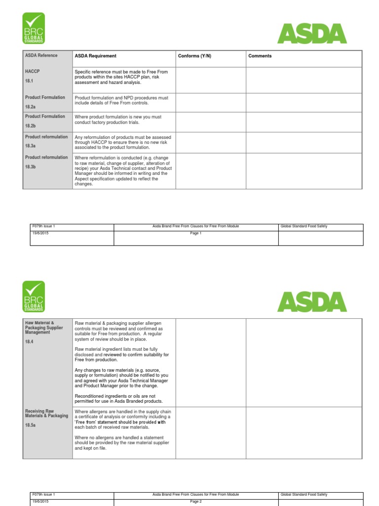 F079h Asda Brand Free From Checklist For FF Module | PDF | Verification ...
