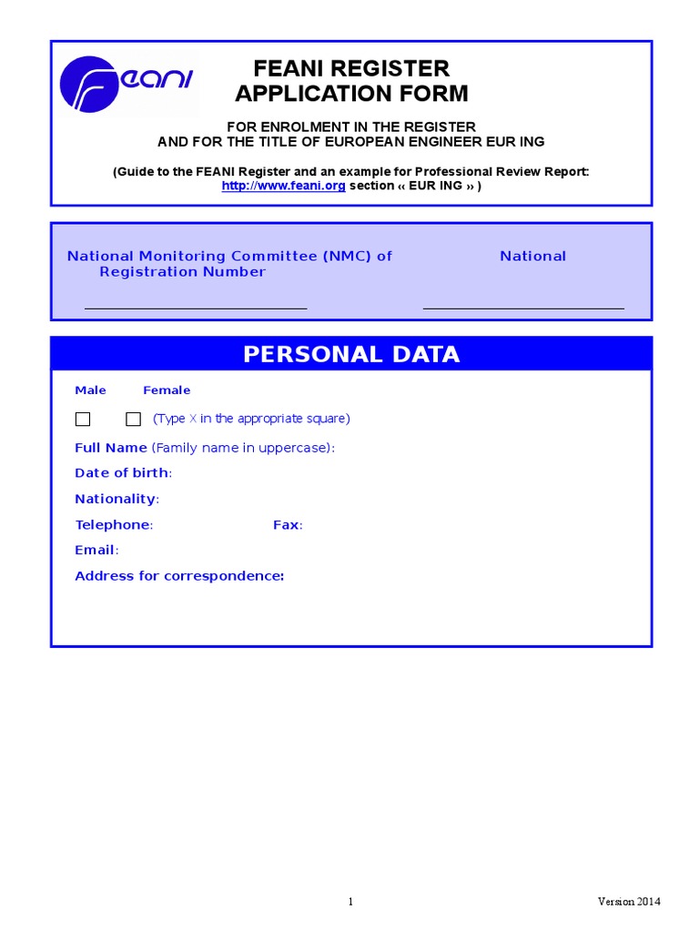 Feani Register Application Form: Personal Data | PDF | Academic Degree ...