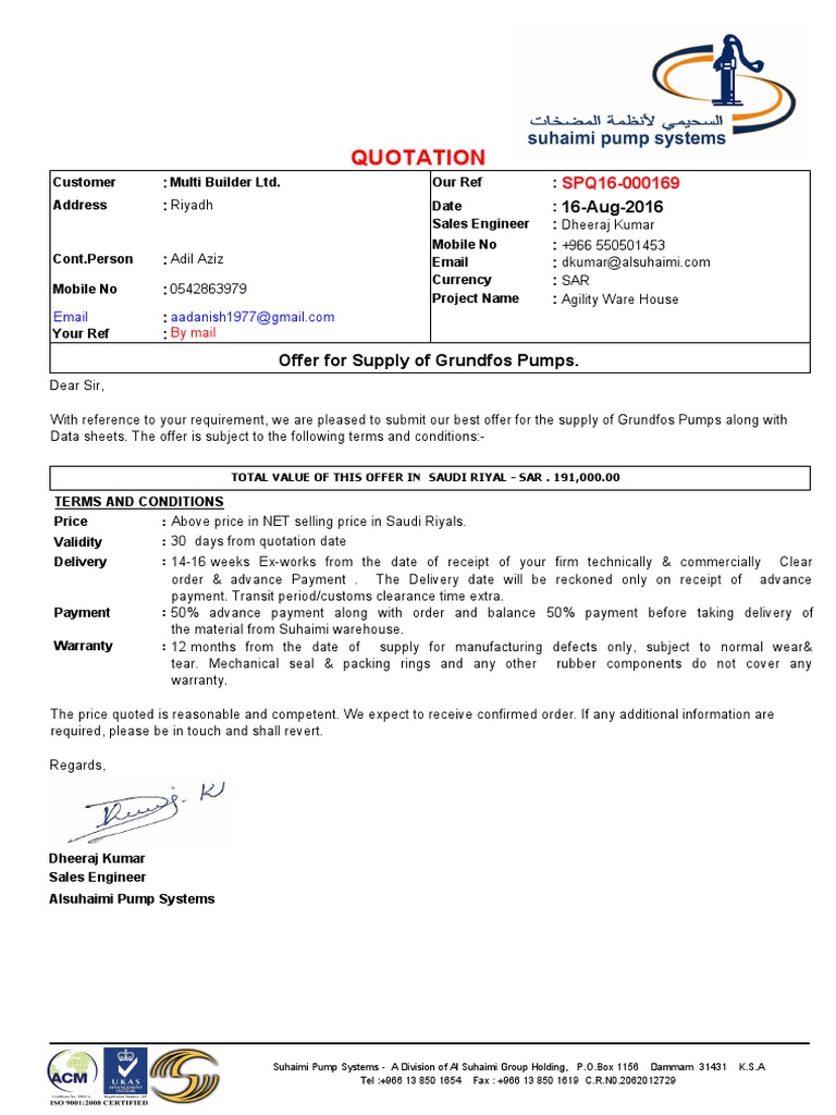 Grundfos Pumps Quotation | PDF | Pump | Valve