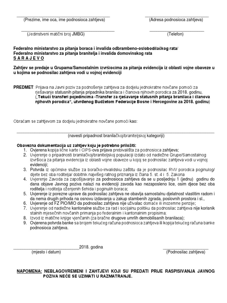 1 A Obrazac Zahtjeva Za Dodjelu JNP Za Statusna Pit Bor Bosanski J | PDF