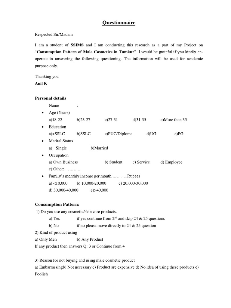 Questionnaire: Personal Details | Download Free PDF | Cosmetics | Brand