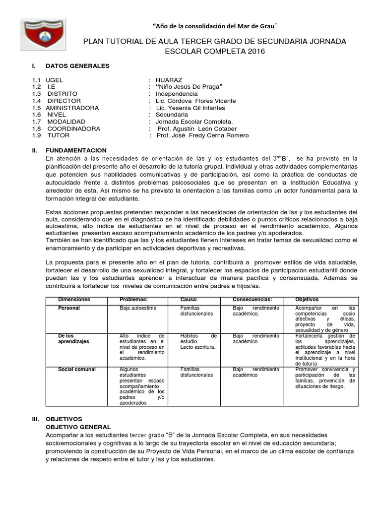 Plan Tutorial de Aula Tercer Grado de Secundaria Jornada Escolar ...