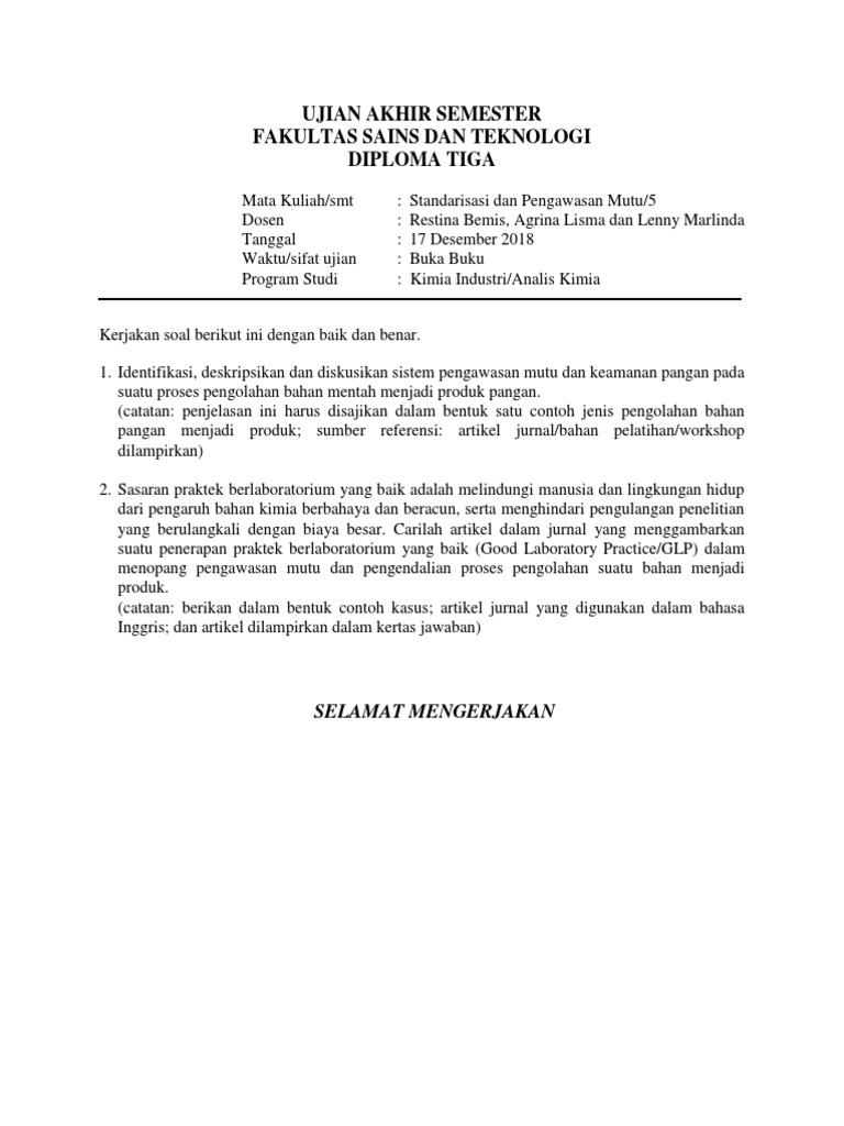 UAS Standarisasi Dan Pegawasan Mutu 2018 | PDF