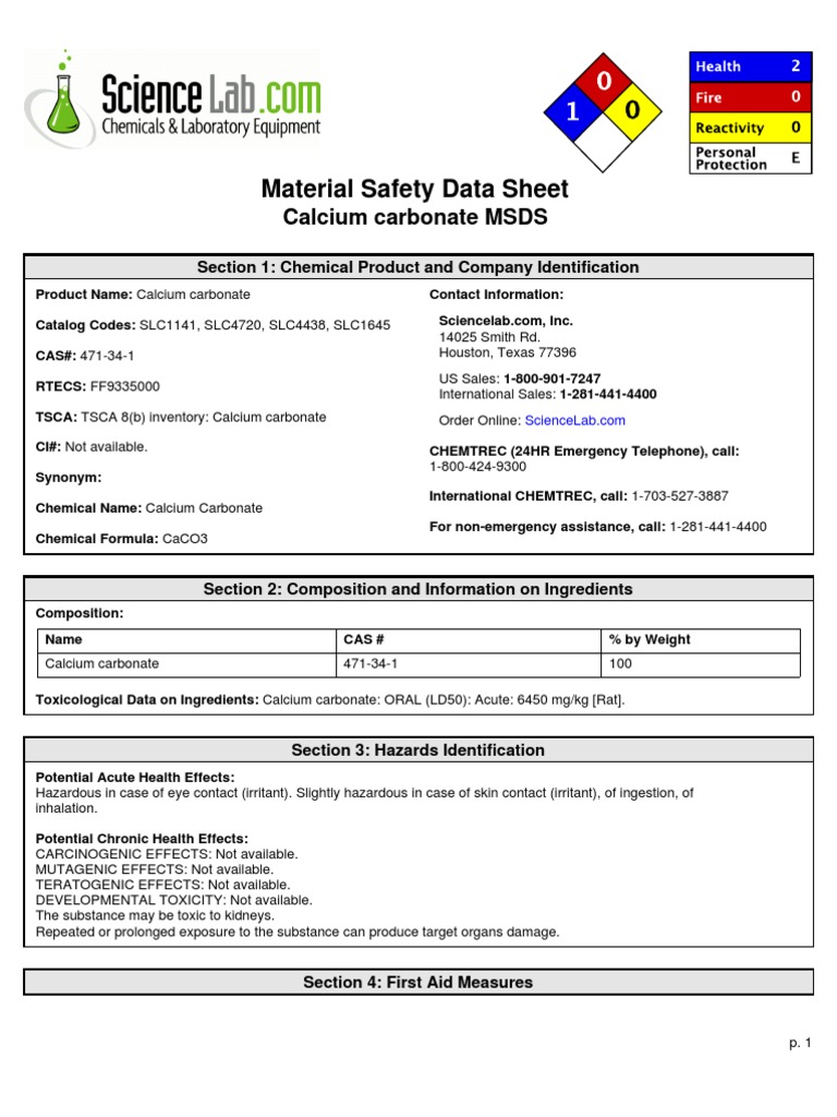 Whiting (CalciumCarbonate) MSDS | PDF | Toxicity | Fluorine