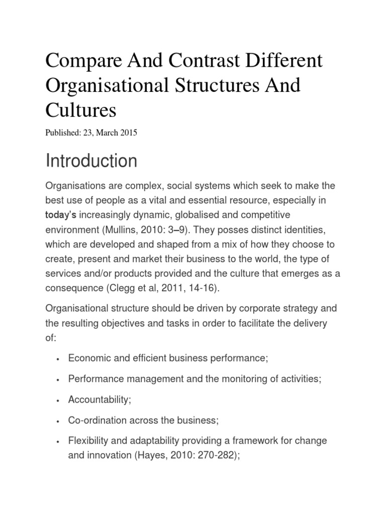 Compare and Contrast Different Organisational Structures and Cultures ...