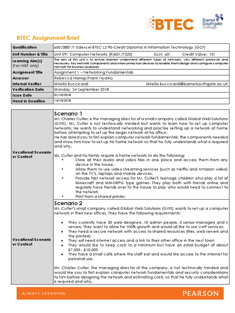 Unit 09 Assignment 1 Networking Fundamentals 201819 Pdf Local Area Network Networking 