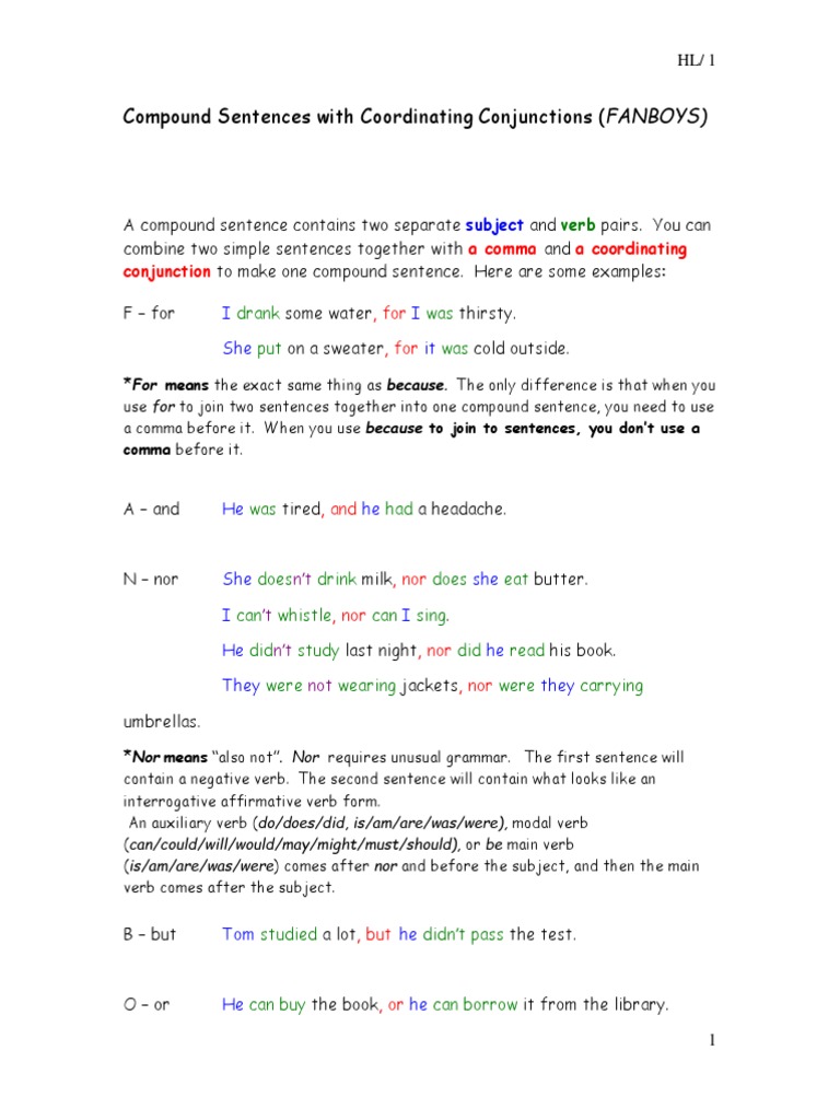 Compound Sentences With Coordinating Conjunctions | PDF | Verb ...