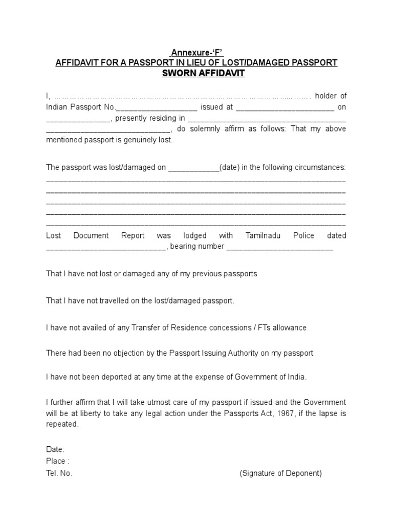 Sworn Affidavit: Annexure - F' Affidavit For A Passport in Lieu of Lost ...