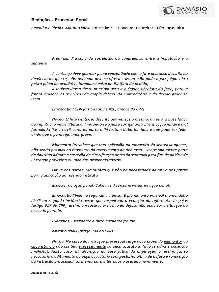 Emendatio e Mutatio Libelli no Processo Penal | PDF | Sentença ...