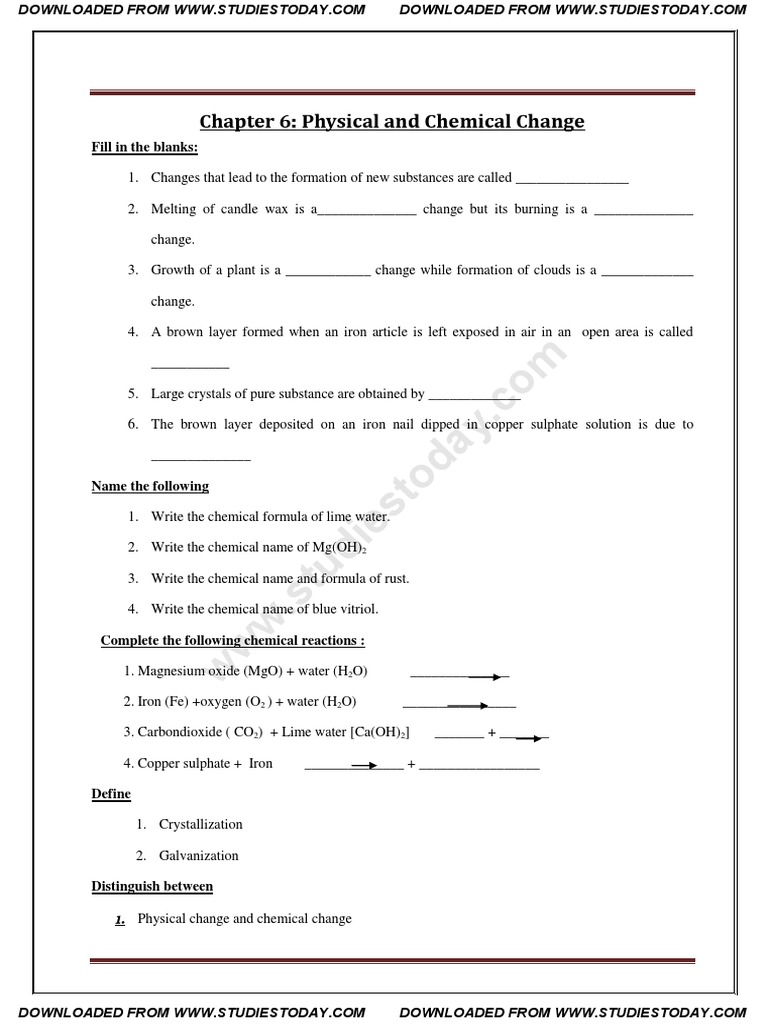 Chapter 6: Physical and Chemical Change: Fill in The Blanks | PDF