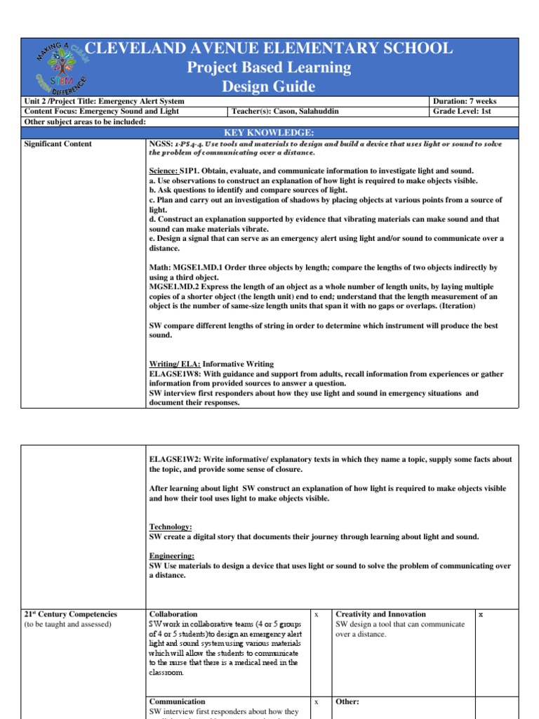 Unit 2 - 1st Grade 2018-2019 PBL Template | PDF | Project Based ...