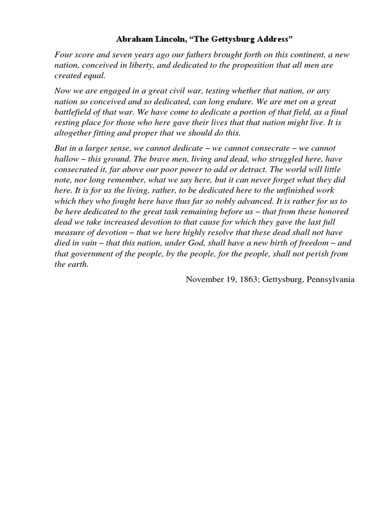 Abraham Lincoln, "The Gettysburg Address" | PDF | Abraham Lincoln ...