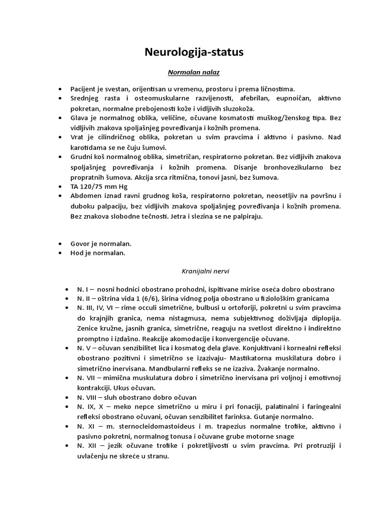 Neurologija Status Normalan | PDF