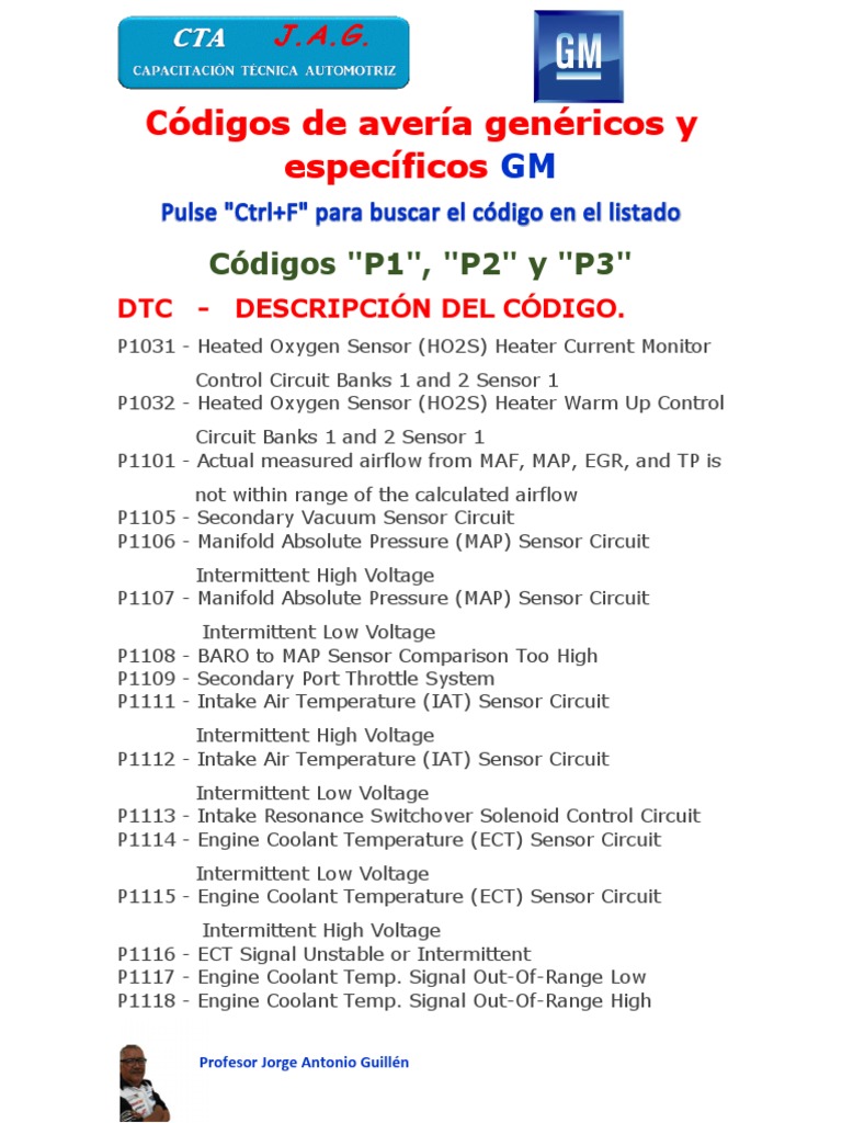 Códigos de Avería GM Genéricos y Específicos | PDF