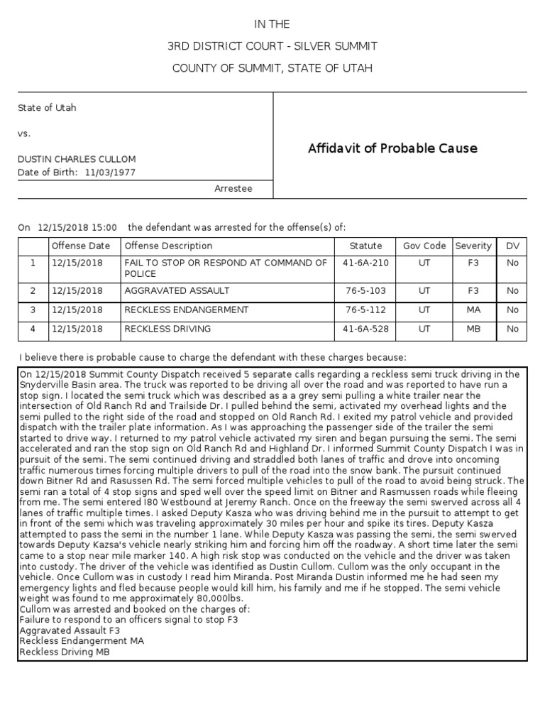 Dustin Cullom Probable Cause Statement | PDF | Semi Trailer Truck | Traffic