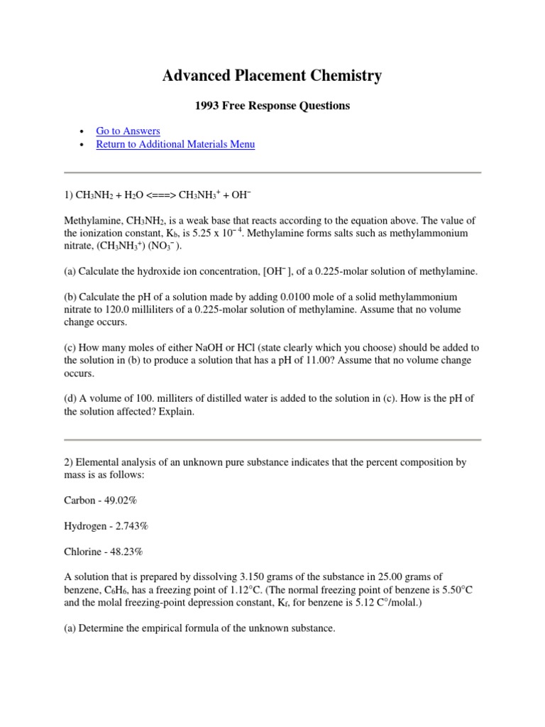 Advanced Placement Chemistry Test | PDF | Sulfuric Acid | Gases