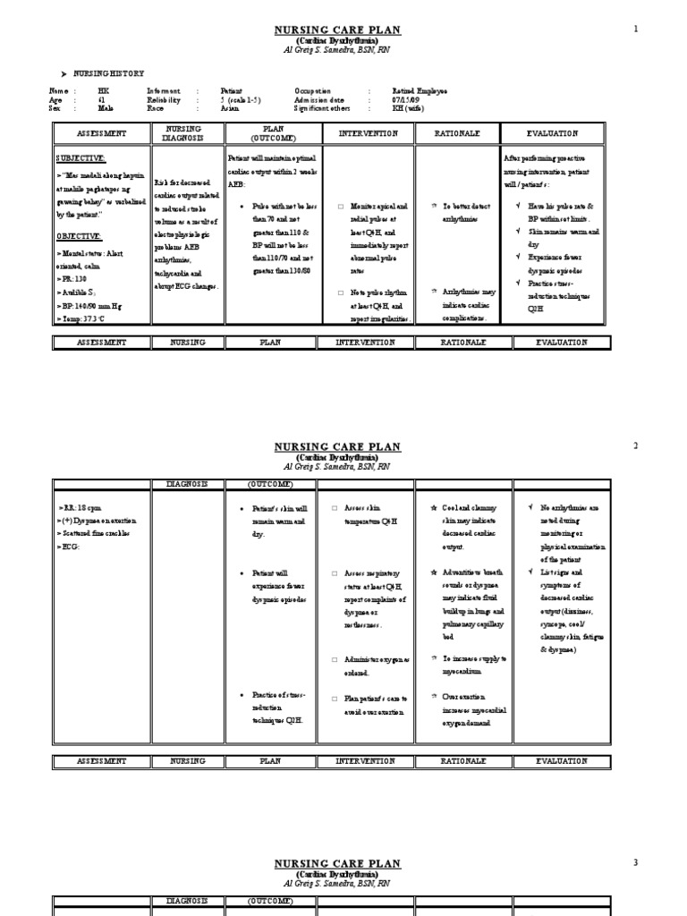 Cardiac Care Nursing Plan | PDF | Heart | Nursing