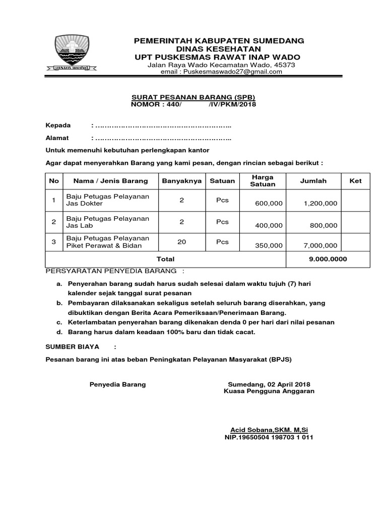 Contoh Surat Pesanan Barang | PDF