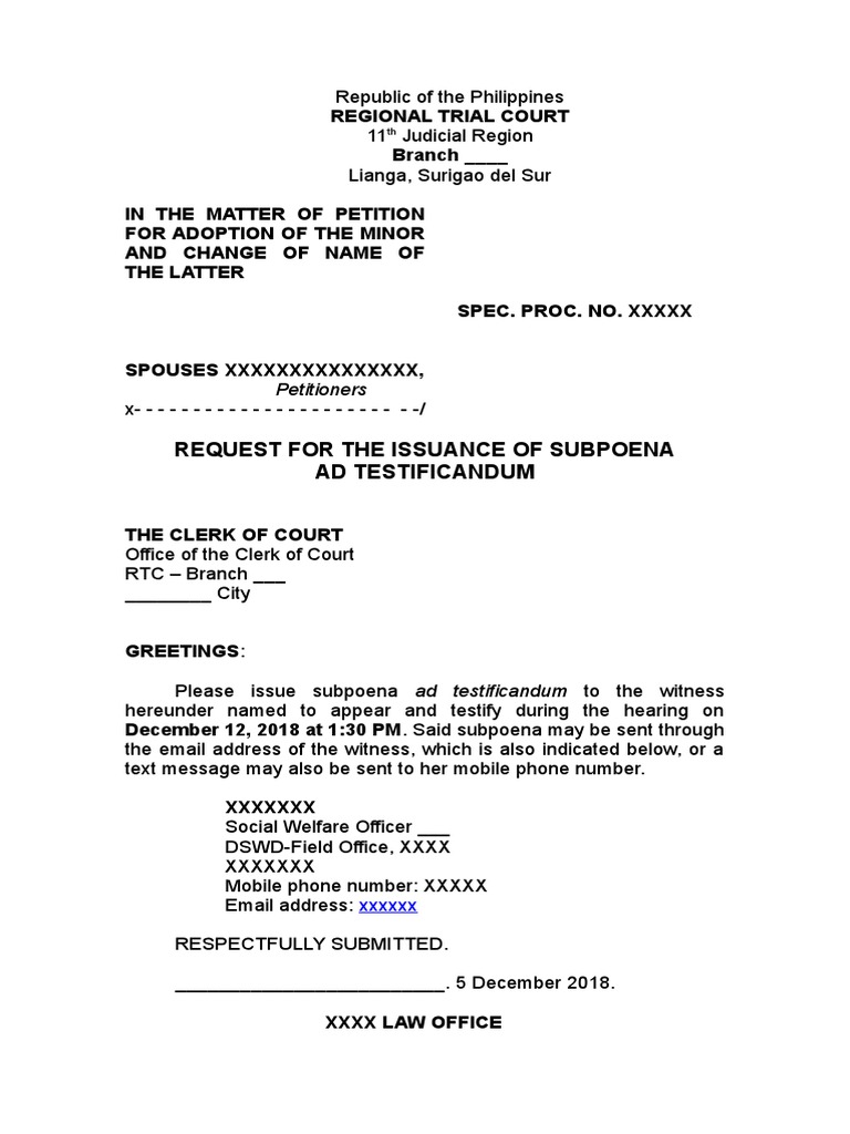 Request for Issuance of Subpoena Ad Testificandum