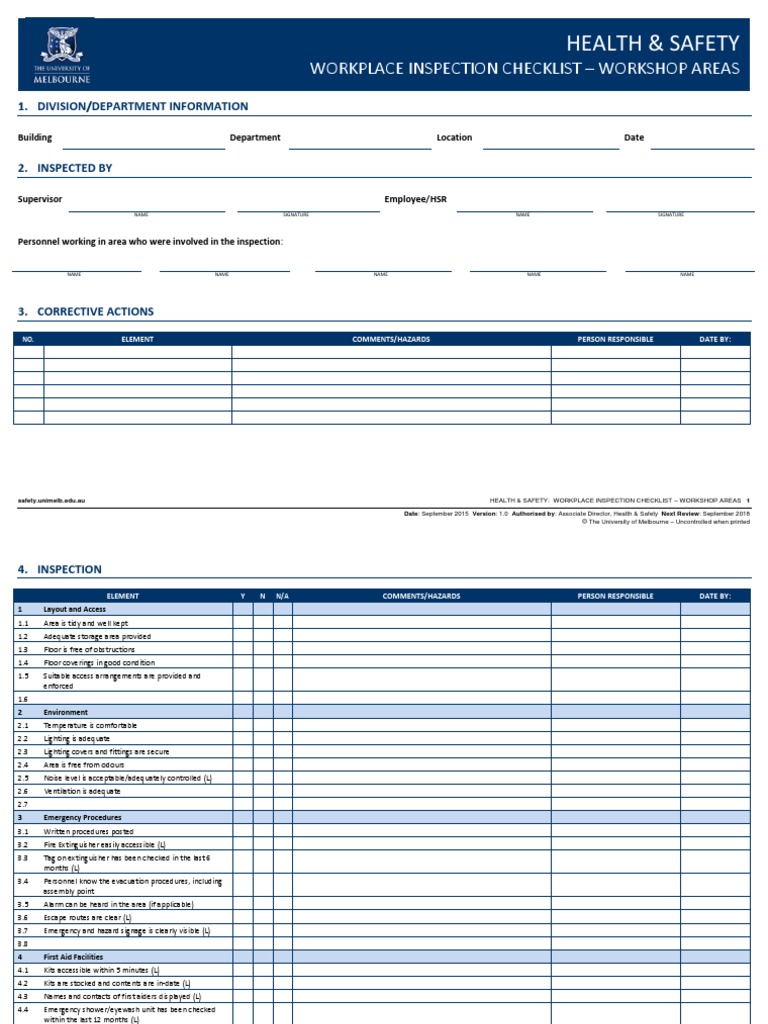 Health & Safety: Workplace Inspection Checklist - Workshop Areas ...