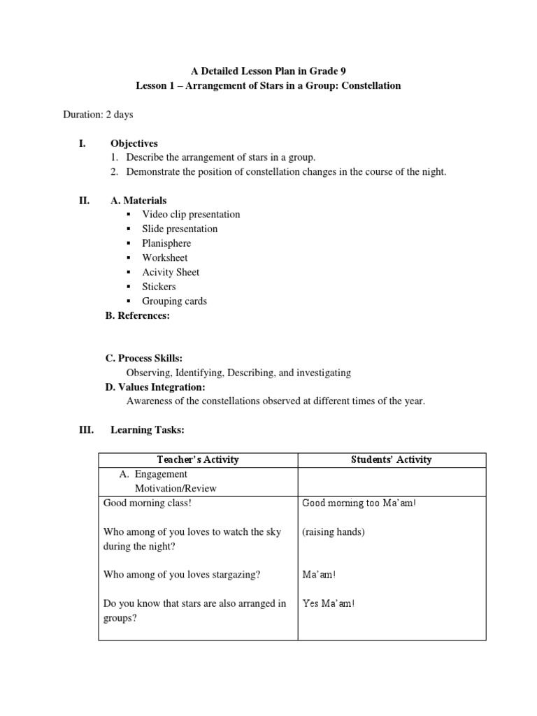 A Detailed Lesson Plan in Grade 9 Lesson 1 - Arrangement of Stars in A ...