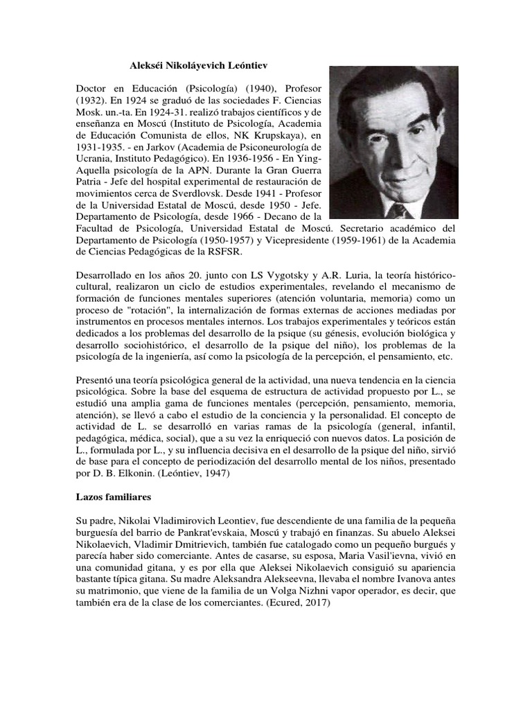 Alekséi Nikoláyevich Leóntiev | Psique (psicología) | Sicología y ...