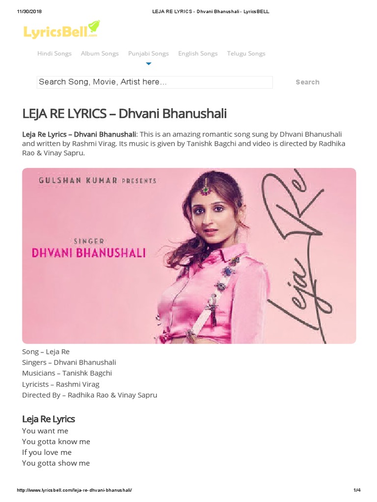 LEJA RE LYRICS - Dhvani Bhanushali - LyricsBELL | PDF | Leisure