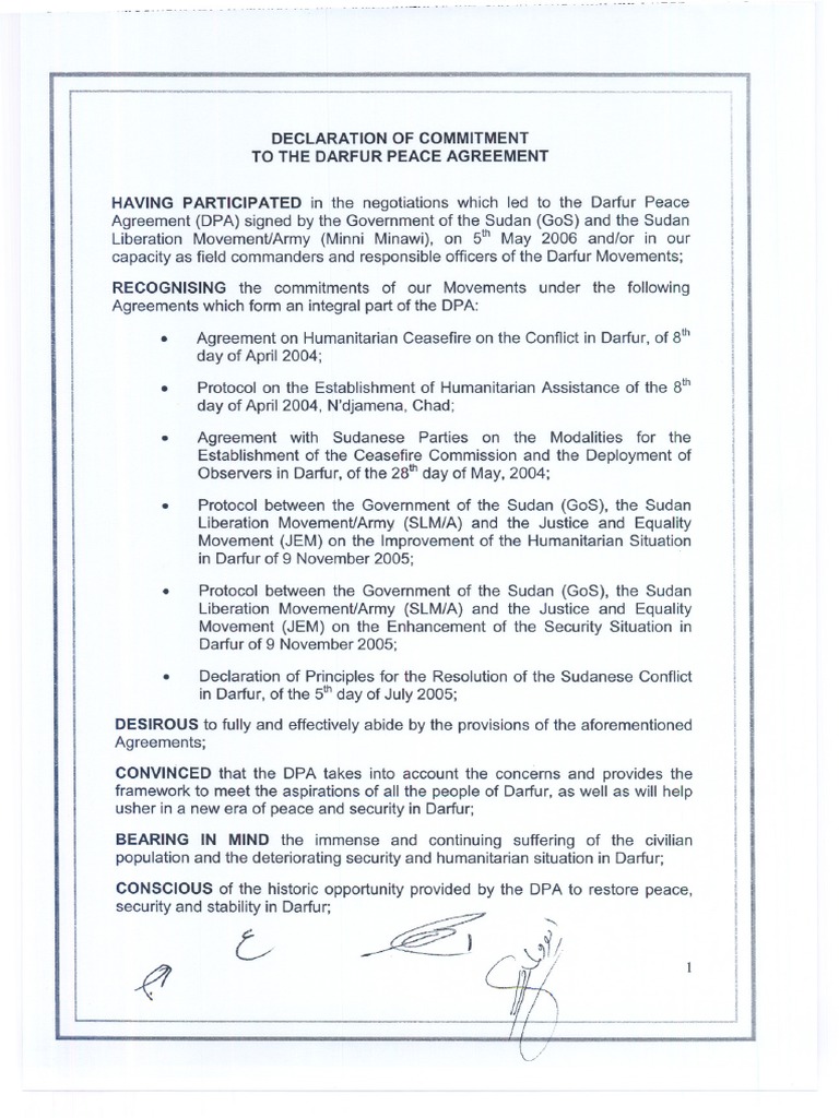 Darfur Peace Agreement Commitment Declaration | PDF | Darfur | Sudan