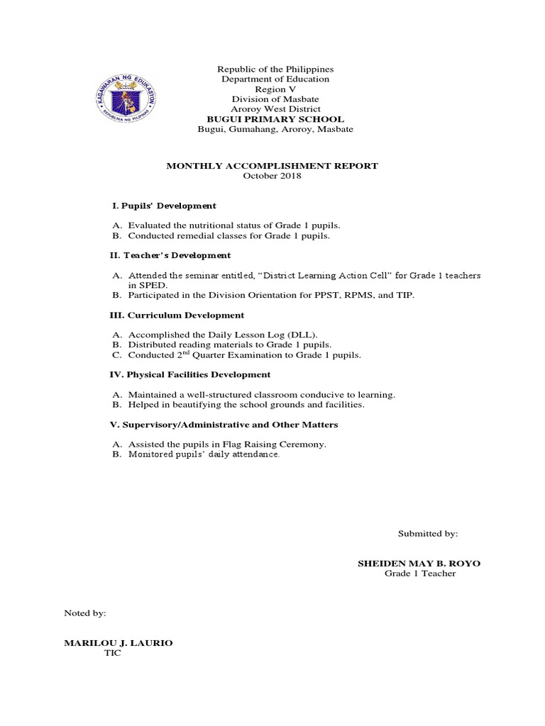 Monthly Accomplishment Report-Iday | PDF