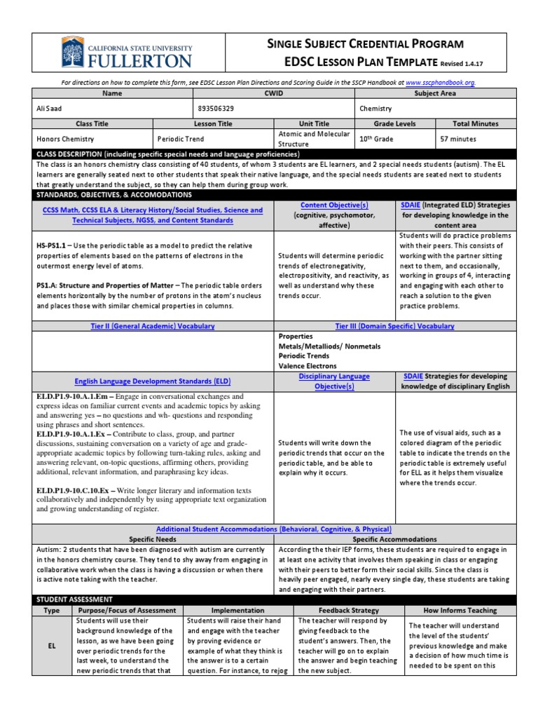 NGSS Chemistry Lesson Plan: Periodic Trends | PDF | Teachers | Question