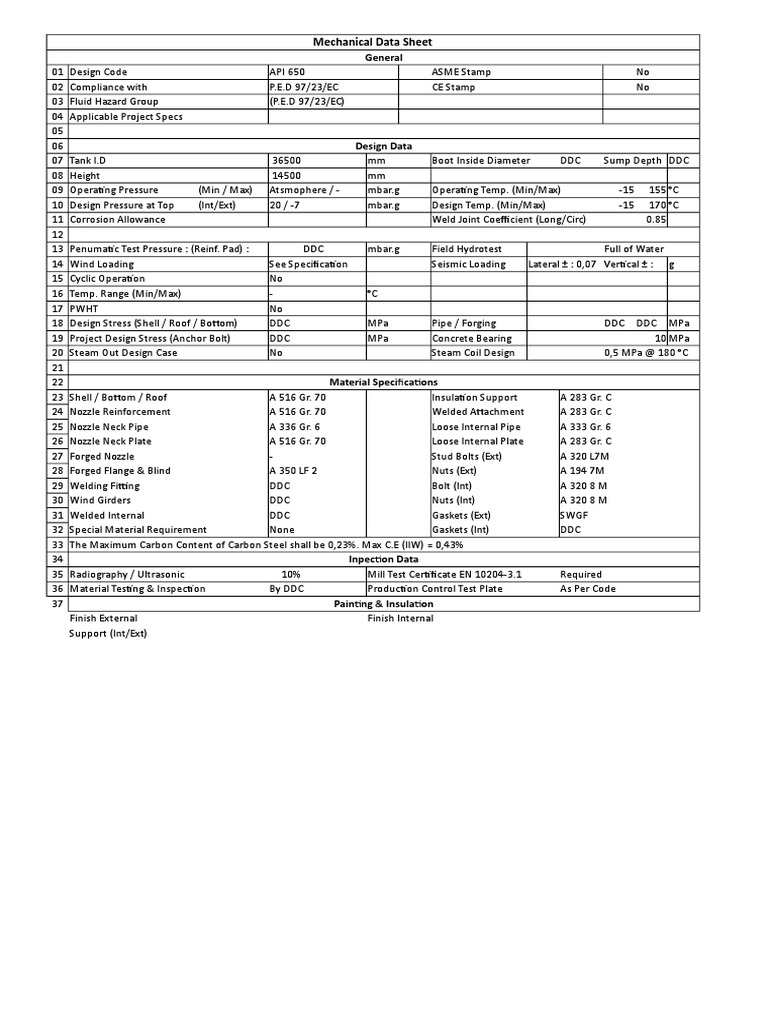 API 650 Welded Storage Tank Data | PDF | Pipe (Fluid Conveyance ...