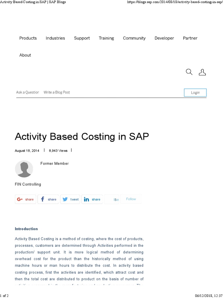 Activity Based Costing in SAP Explained | PDF