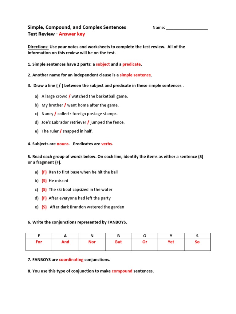 Simple Compound Complex Test Review Answer Key | PDF | Sentence ...