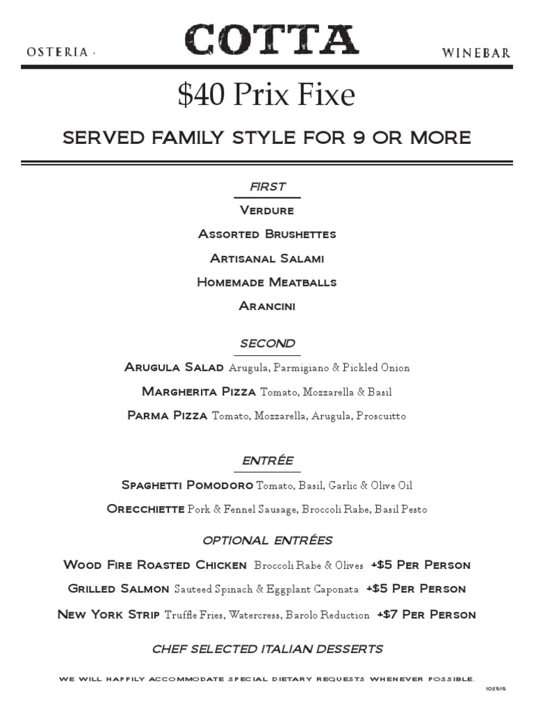 $40 Italian Prix Fixe Menu for Groups | PDF